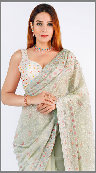 MINT GREEN x DULL PNK Embroidered Flowy Saree – Adya's Boutique